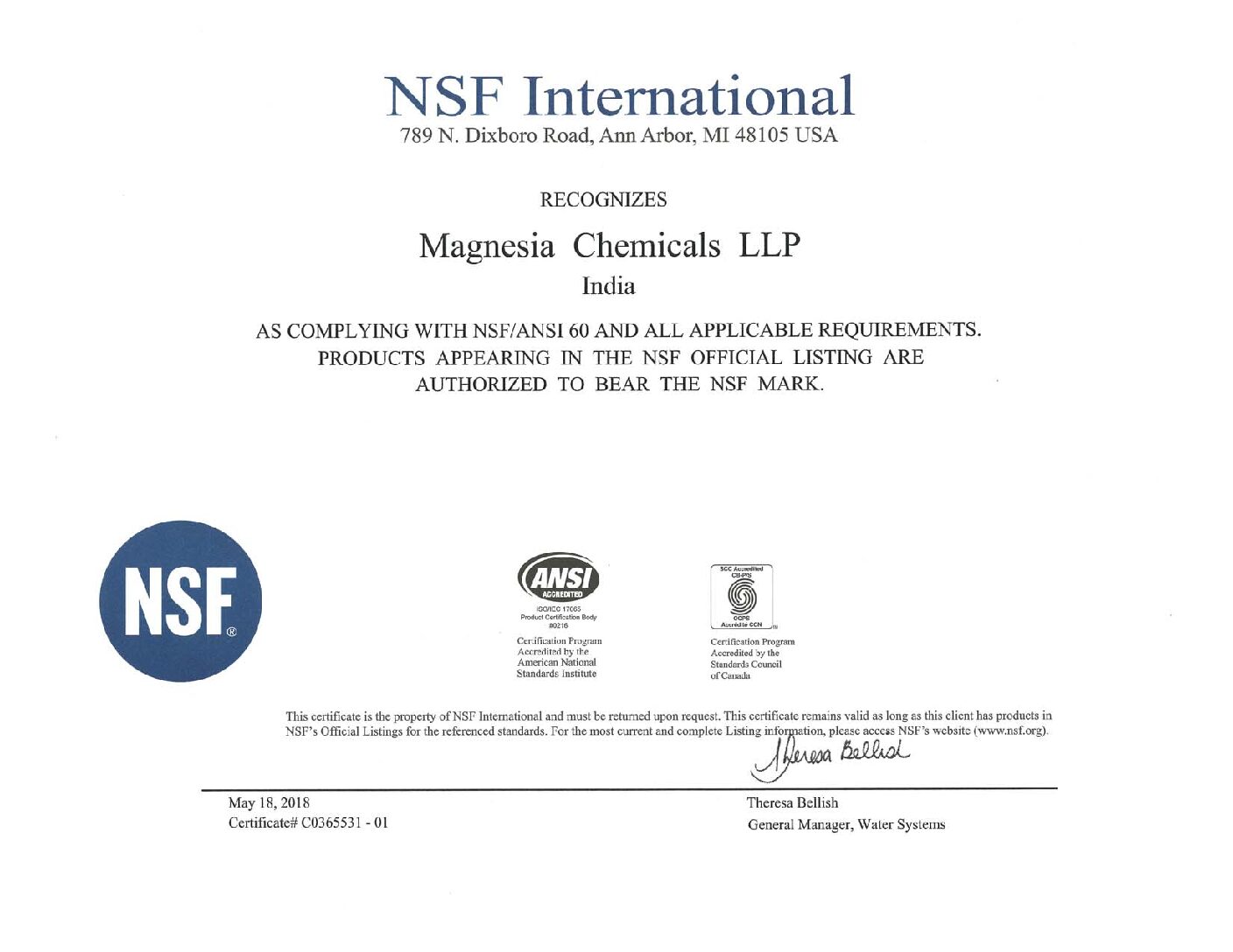 Certification – Magnesia chemicals